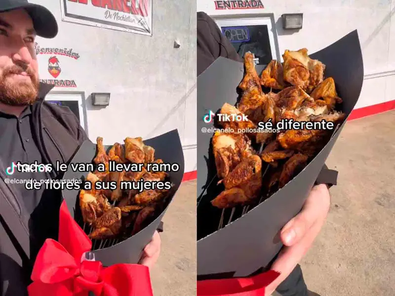 Emprendedor ofrece alternativas y crea ramo de pollo asado por San Valentín
