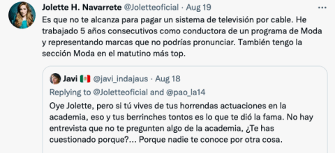Jolette estalla contra fan que la criticó y responde de manera clasista